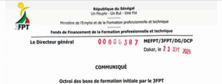 Octroi de bons de formation initiale par le 3FPT (2025-2026) – EDI Sénégal